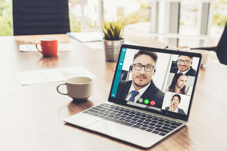 Video call business people meeting on virtual workplace or remote ...