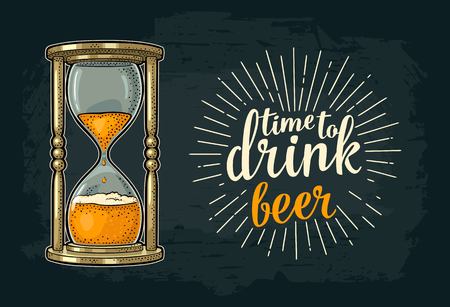 Retro hourglass. Time to drink beer lettering. Vector color vintage ...