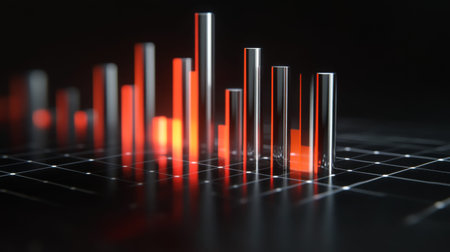 A dynamic D bar graph on a black background, with sleek metal bars, a ...
