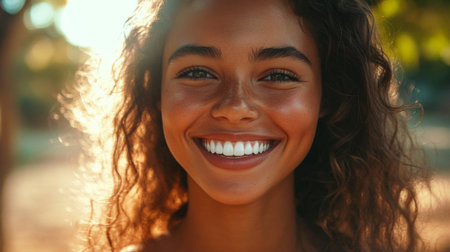 High-definition shot of a woman with a confident, wide smile ...