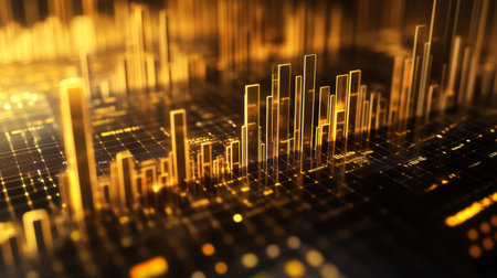 A close-up of a D gold histogram with golden bars of varying heights ...