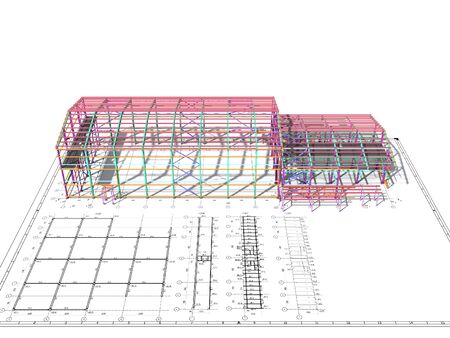 BIM building model of columns, beams, ties, girders. The metal ...