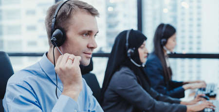 Panorama of group diverse telemarketing customer service staff team in ...