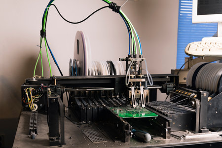 Indoor shot of a SMD mounting machine used by an engineer to connect ...