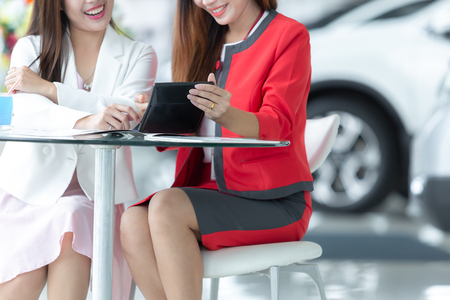 Asian auto business, car sale, technology and people concept - happy ...