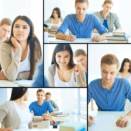 Collage of smart students carrying out test at lesson - Stock Image ...