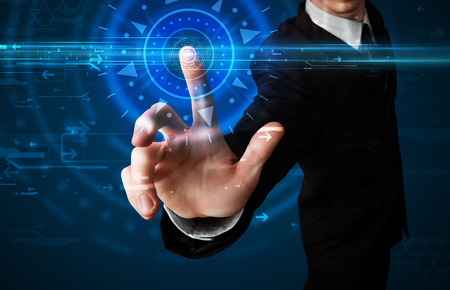 Tech guy pressing high technology control panel screen concept - Stock ...