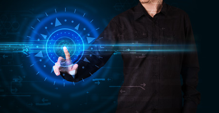 Tech guy pressing high technology control panel screen concept - Stock ...