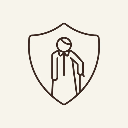 Pension insurance line icon. Senior woman with cane shape on shield ...