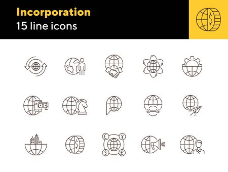Incorporation line icon set. Currency, businessman, world, agreement ...