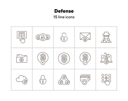 Defense line icons. Set of line icons. Cloud with padlock, fingerprint ...