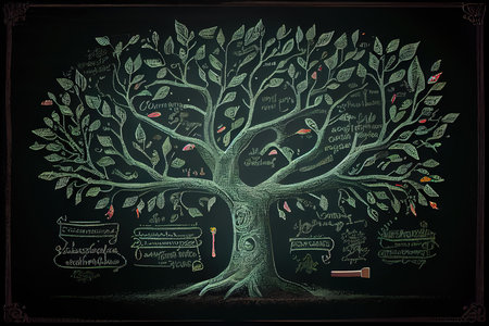 Tree of knowledge and education concept on green chalkboard with doodle ...