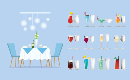Restaurant table and cocktail or wine glasses vector. Diner setting ...