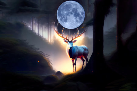 A proud noble deer with a full moon in its branching antlers in a ...
