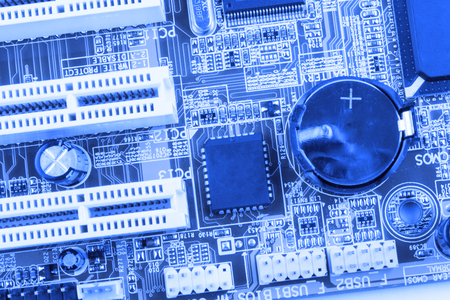 Integrated semiconductor microchip microprocessor on blue circuit board ...