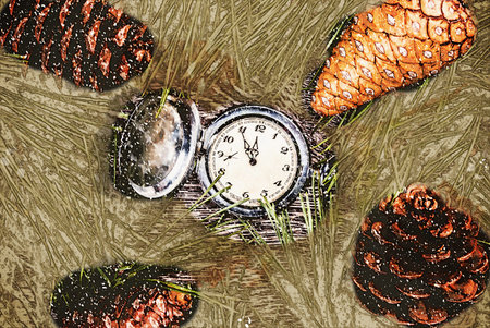 Christmas background with clock among fir tree, and cones. Image for ...