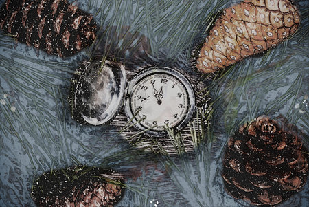 Christmas background with clock among fir tree, and cones. Image for ...