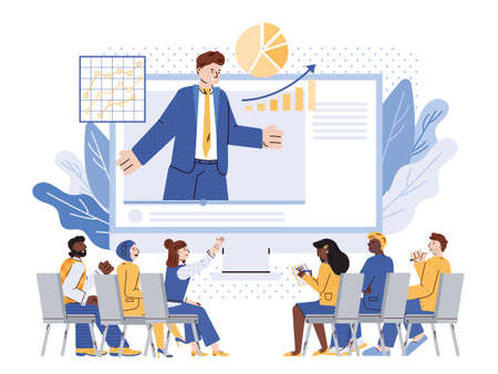 Corporate training or business coaching with cartoon characters, flat ...