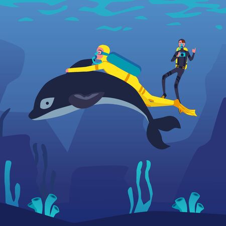 Cartoon man scuba diving with dolphin underwater - diver in yellow ...