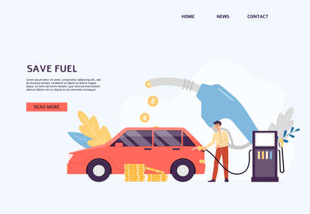 Fuel save website mockup with man refueling at gas station, flat vector ...
