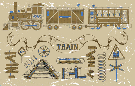 Vintage set with old train theme: locomotive, passenger and cargo wagon ...