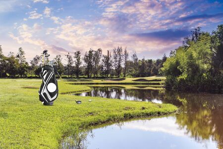 Golf equipment and golf bag ,putter ,ball as flag and hole at golf ...