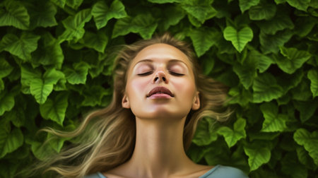 Portrait of a calm, self-assured woman with closed eyelids against a ...