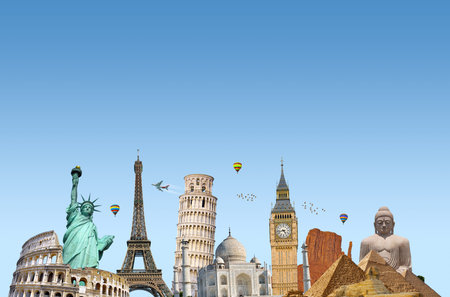 Famous landmarks of the world connected to each other in front of blue ...