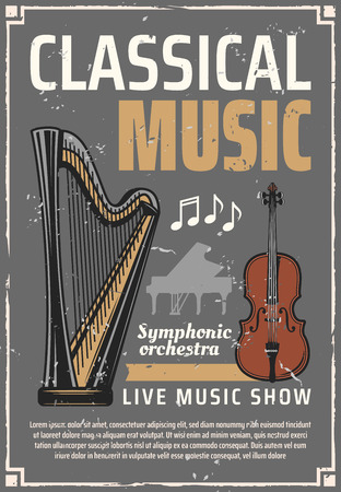 Classic music poster, retro musical instruments. Live concert, harp and ...