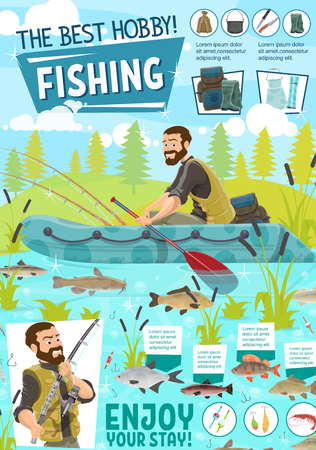 Fisherman, fishing boat and fish catch, tackle and sport equipments ...