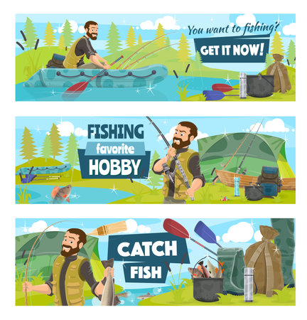 Fishing sport banners with fisherman, boat and rod. Fisher camp on ...