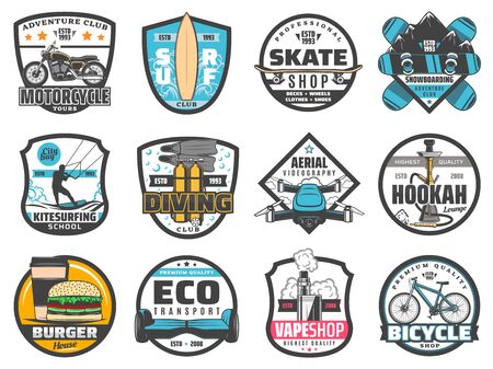 Leisure activity vector badges of sport, travel and adventure ...