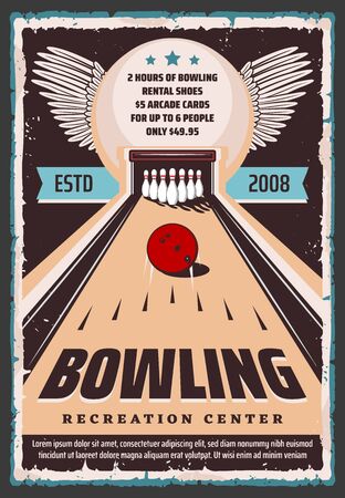 Bowling center retro grunge poster, sport club and leisure games ...