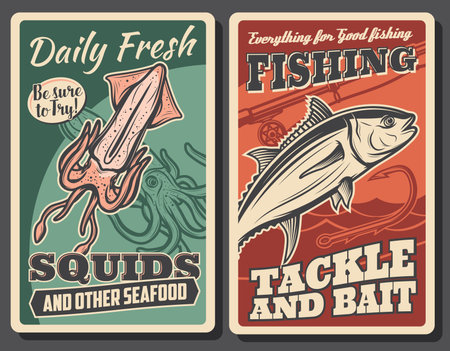 Fresh seafood and fisher tackle store banner. Sea squid or cuttlefish ...
