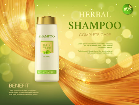 Herbal shampoo woman health and beauty hair care cosmetics vector ad banner. Bottle and shining blond strand professional eco cosmetic lotion tube beauty product advertising realistic 3d template FY31...
