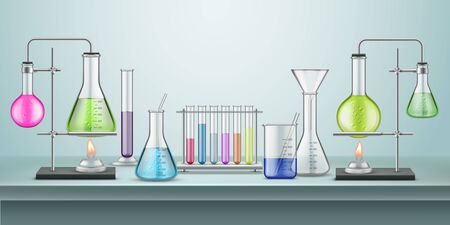 Laboratory flasks with pipes. Chemical or chemistry lab with tubes and ...