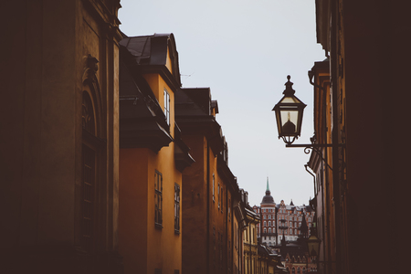 The picture from the narrow traditional streets of Stockholm. Walking ...