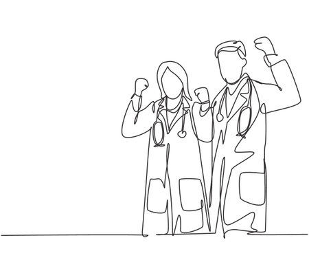 One continuous line drawing of young happy male doctor hugging female ...