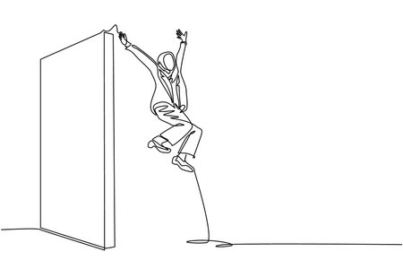 Single continuous line drawing Arab businesswoman managed to jump over ...
