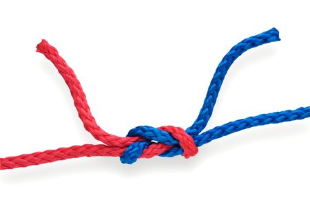 Fisher's surgical knot with red and blue ropes. Isolated on white ...