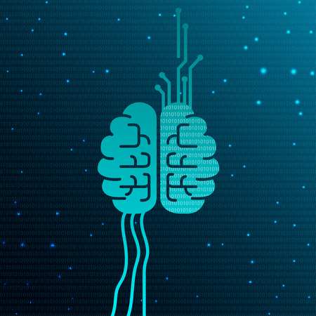 Cyber mind illustration. Human brain with circuit board and binary data ...