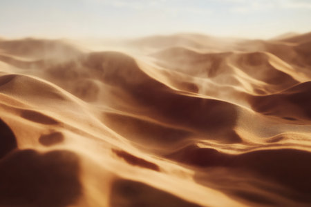 Sand is blown by the wind across textured dunes in a desert landscape ...