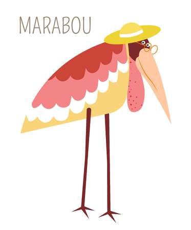 Marabou bird in straw hat childish book character. Stork with pink ...