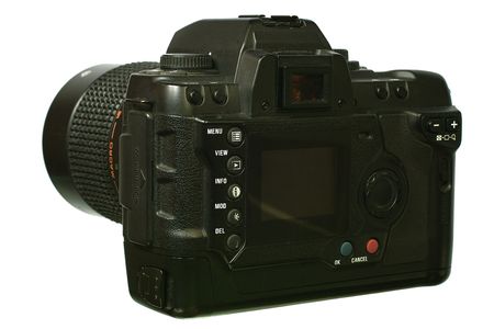 Digital SLR camera with mirror lens. Isolated image on white background ...