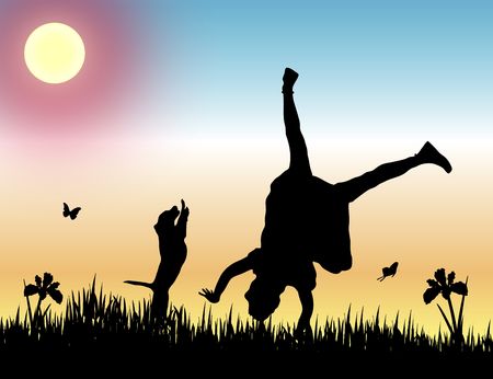 silhouette of girl doing a cartwheel with her dog at sunsetの写真素材 ...