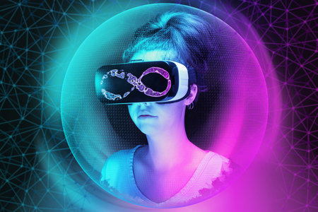 Virtual circle shows a young woman in VR glasses with sign of . Dark ...