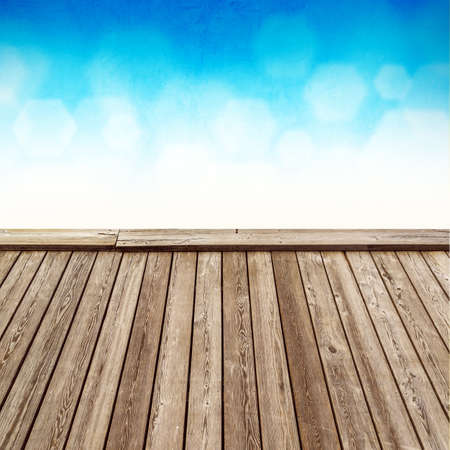 Empty Rustic Wooden Deck with Abstract Blur Blue Natural Background for ...