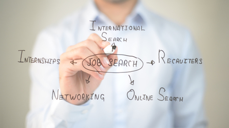Job Search, Man writing on transparent screen - Stock Image - Everypixel
