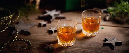 Whiskey, brandy or liquor shot and Christmas decorations on wooden ...