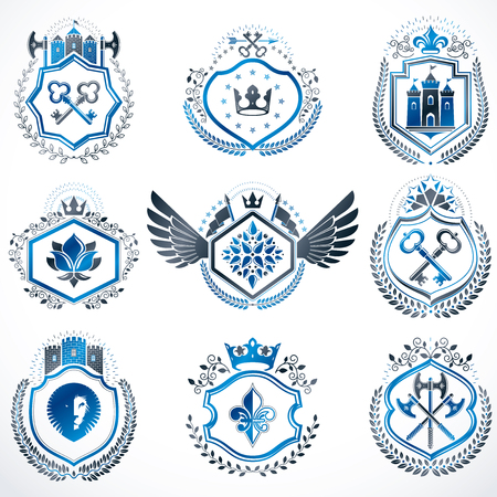 Heraldic decorative emblems made with royal crowns, animal ...